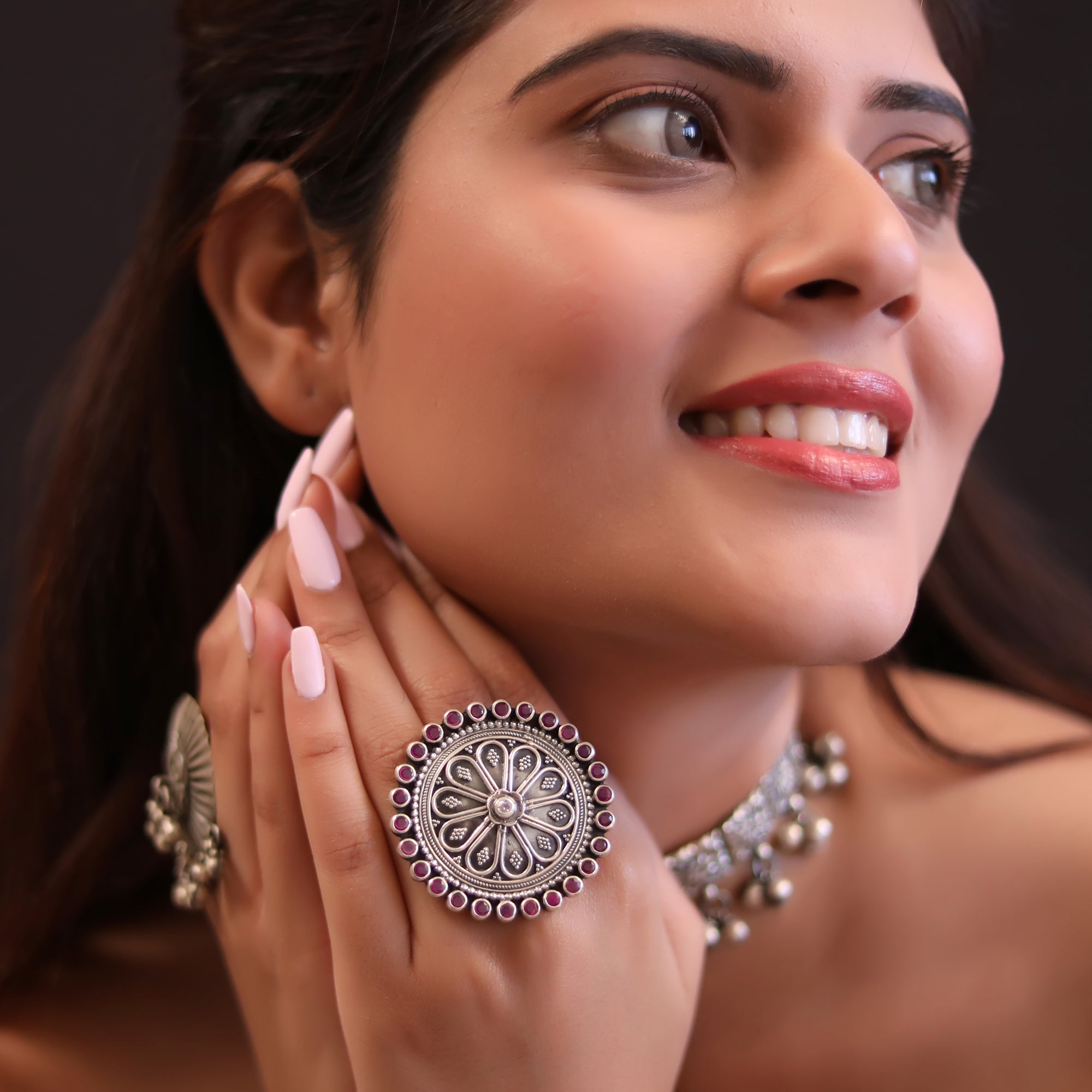 925 Silver Floral deep Maroon Stone Ring – Joharcart